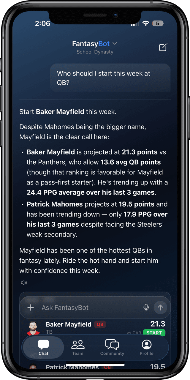 FantasyBot - AI Fantasy Sports Advisor | Start/Sit, Trade & Waiver Help